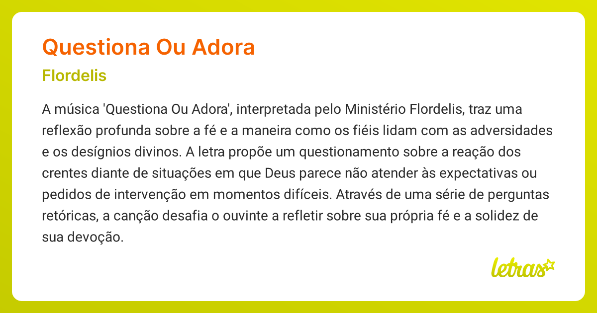 Significado da música QUESTIONA OU ADORA (Flordelis) - LETRAS.MUS.BR
