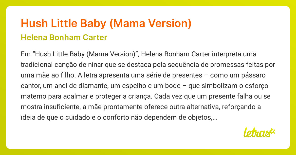 Significado da música Hush Little Baby (Mama Version) (Helena Bonham ...
