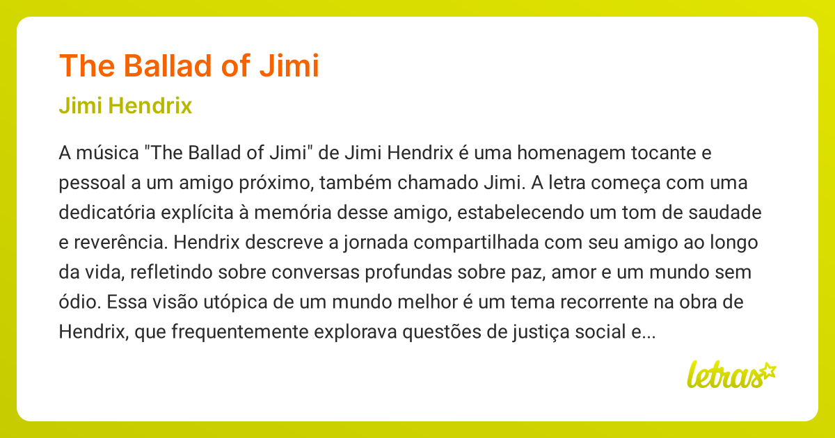 Significado da música THE BALLAD OF JIMI (Jimi Hendrix) - LETRAS.MUS.BR