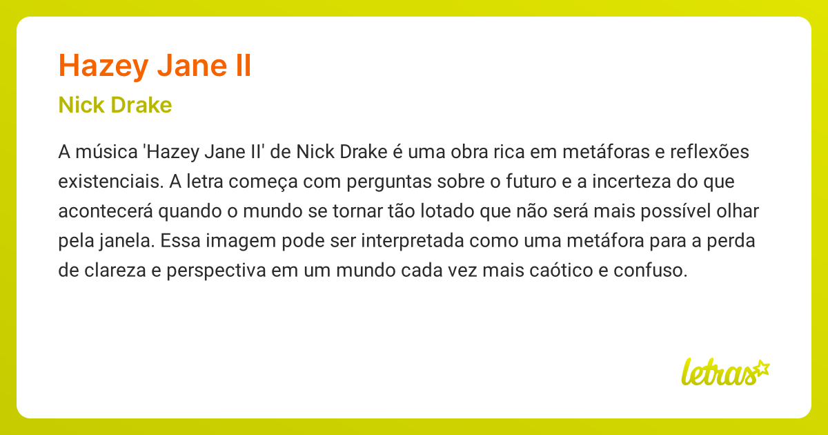 Significado da música HAZEY JANE II (Nick Drake) - LETRAS.MUS.BR