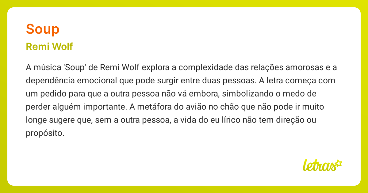 Significado da música SOUP (Remi Wolf) - LETRAS.MUS.BR