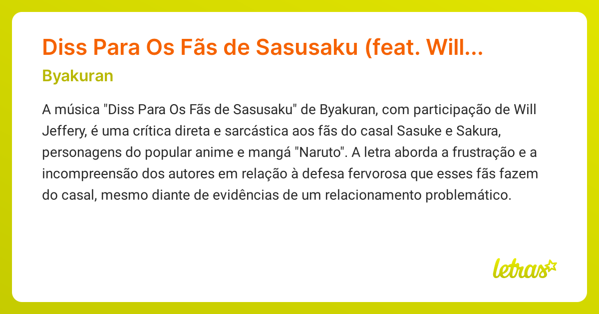 Significado da música Diss Para Os Fãs de Sasusaku (feat. Will Jeffery ...