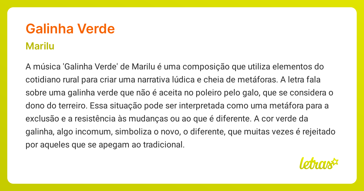Significado da música GALINHA VERDE (Marilu) - LETRAS.MUS.BR