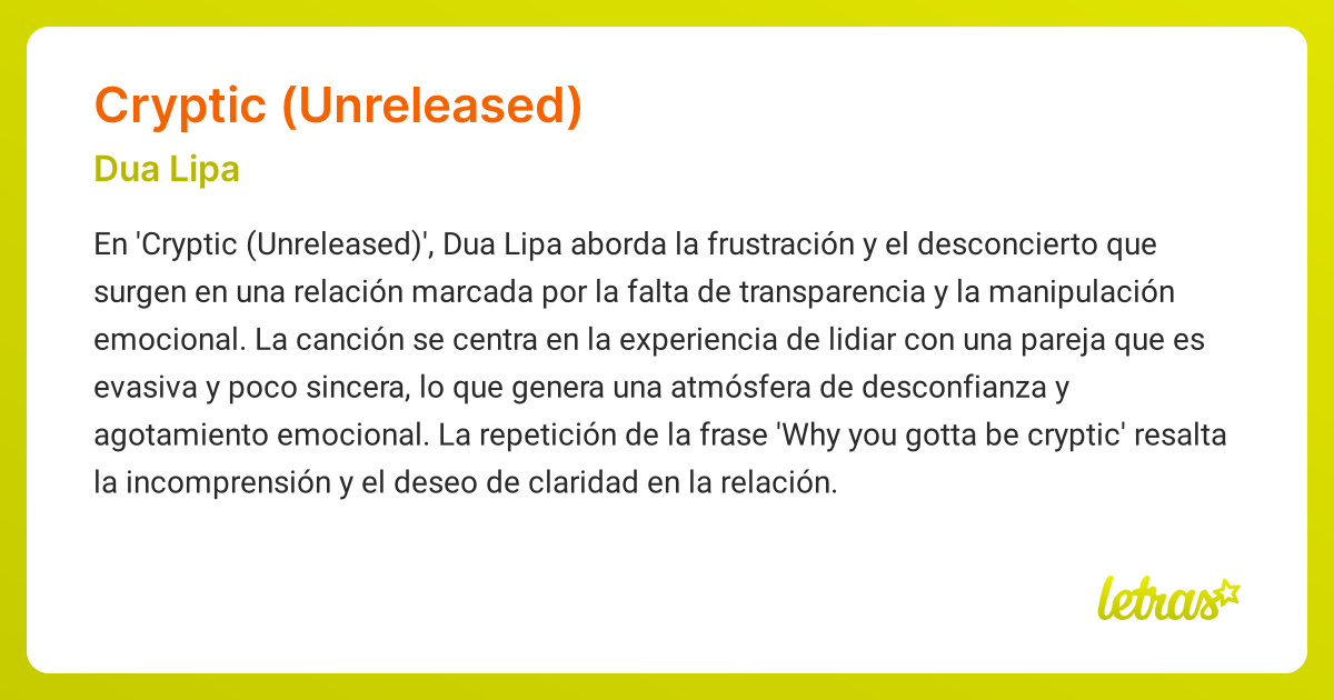 Significado de la canción CRYPTIC (UNRELEASED) (Dua Lipa) - LETRAS.COM