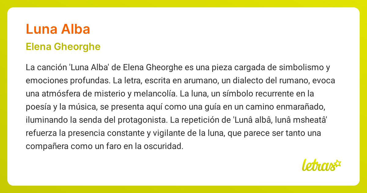 Significado de la canción LUNA ALBA (Elena Gheorghe) - LETRAS.COM