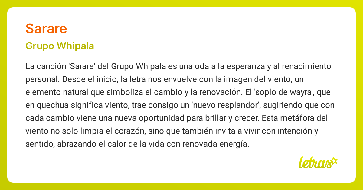 Significado de la canción SARARE (Grupo Whipala) - LETRAS.COM
