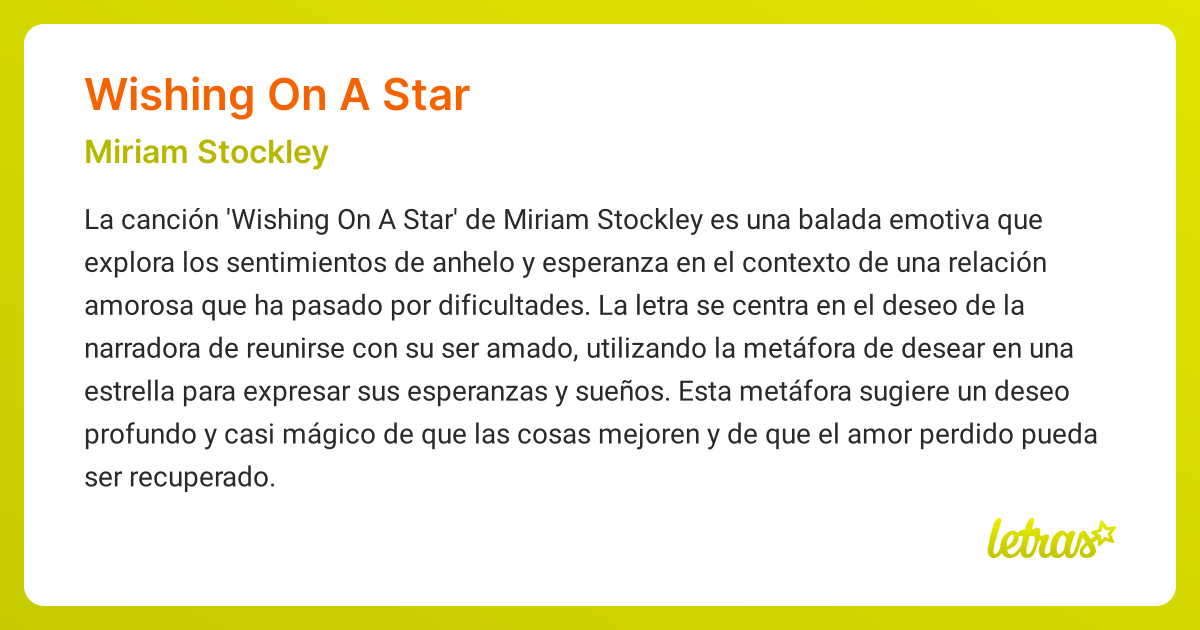 Significado de la canción WISHING ON A STAR (Miriam Stockley) - LETRAS.COM