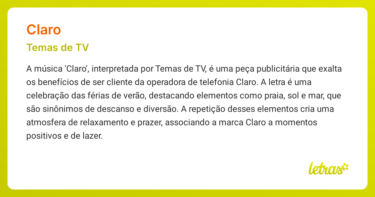 Significado da música CLARO (Temas de TV) - LETRAS.MUS.BR