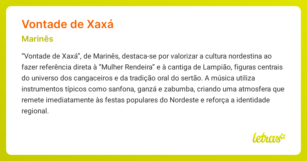 Significado da música VONTADE DE XAXÁ (Marinês) - LETRAS.MUS.BR