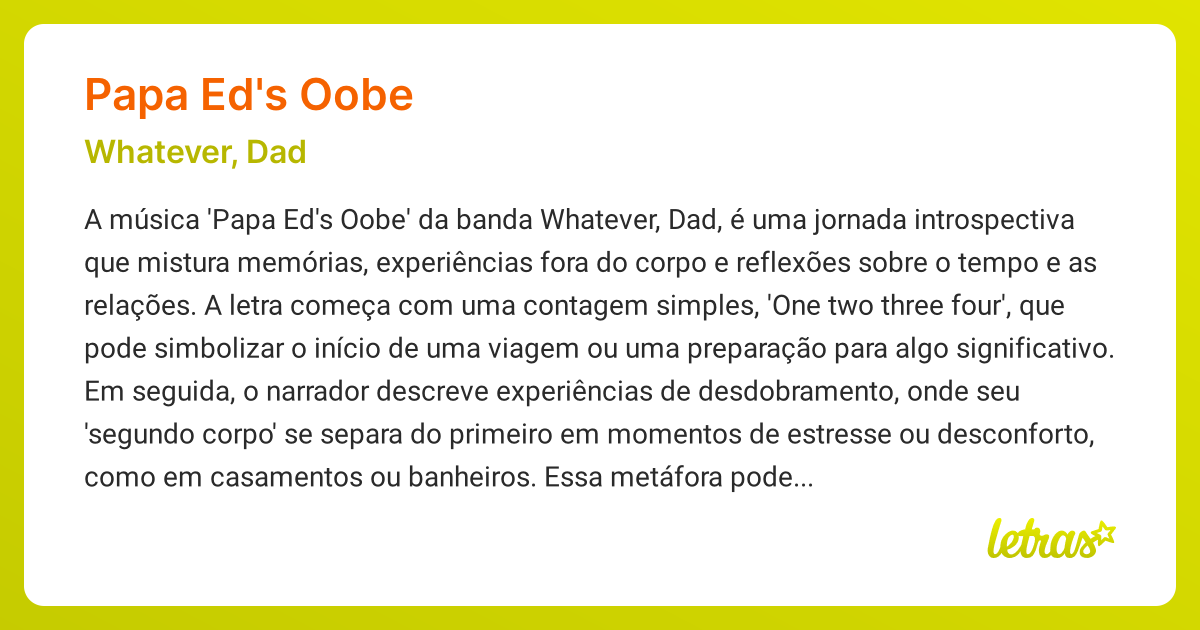Significado da música PAPA ED'S OOBE (Whatever, Dad) - LETRAS.MUS.BR