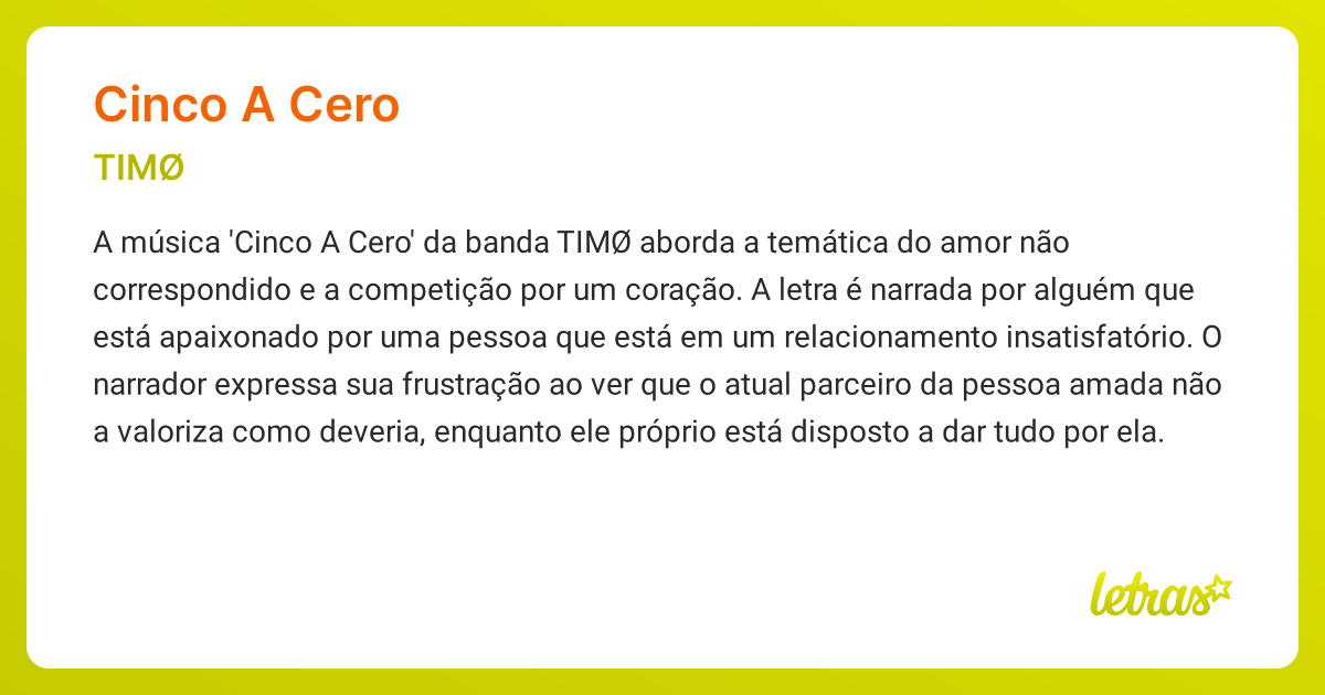 Significado da música CINCO A CERO (TIMØ) - LETRAS.MUS.BR