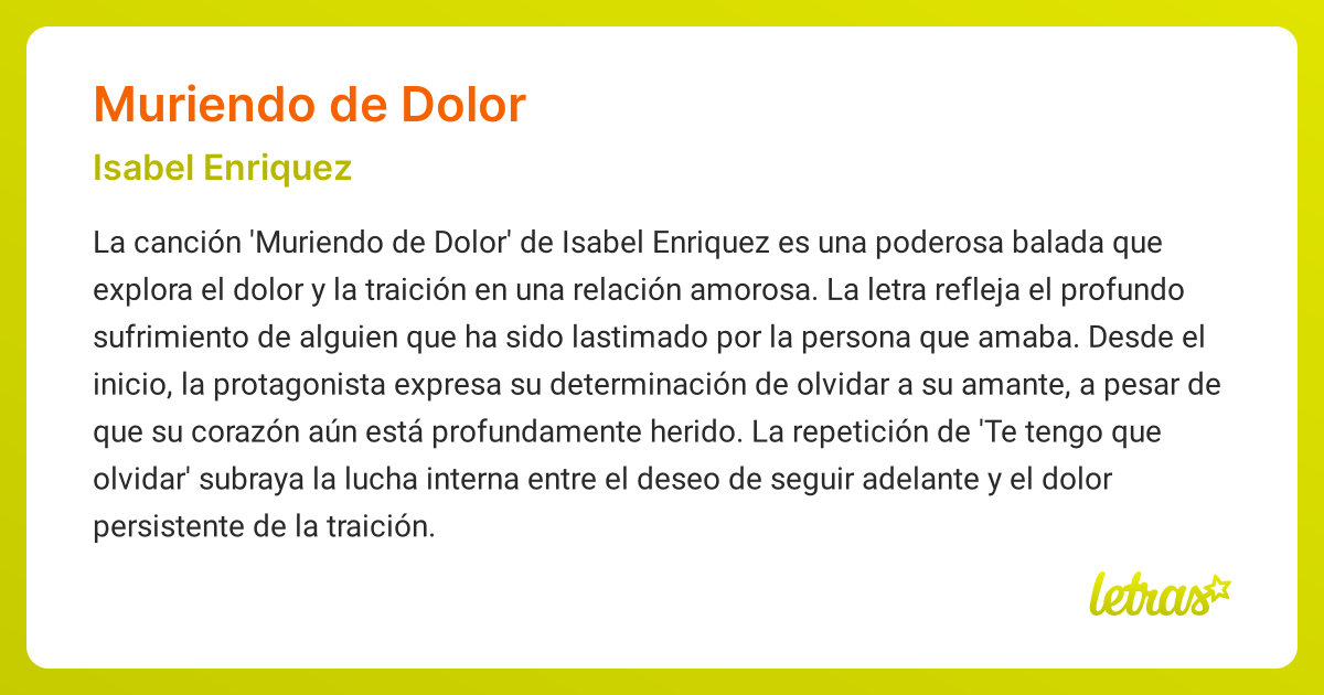 Significado de la canción MURIENDO DE DOLOR (Isabel Enriquez) - LETRAS.COM