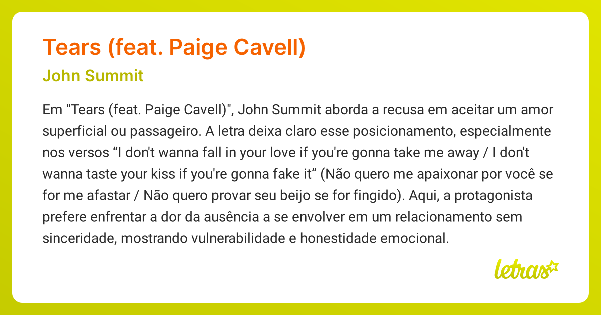 Significado da música TEARS (FEAT. PAIGE CAVELL) (John Summit) - LETRAS ...