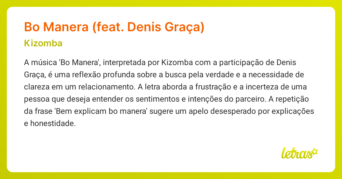 Significado da música BO MANERA (FEAT. DENIS GRAÇA) (Kizomba) - LETRAS ...