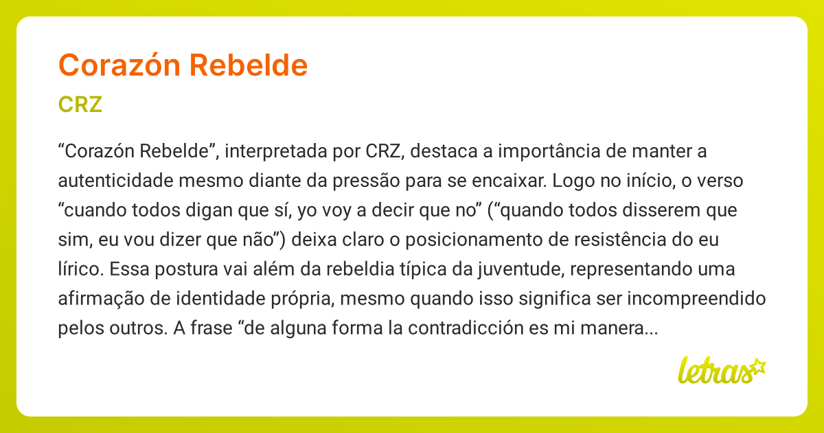 Significado da música CORAZÓN REBELDE (CRZ) - LETRAS.MUS.BR