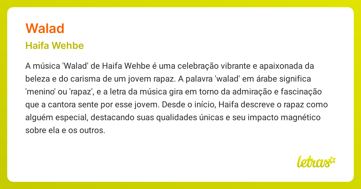 Significado da música WALAD (Haifa Wehbe) - LETRAS.MUS.BR