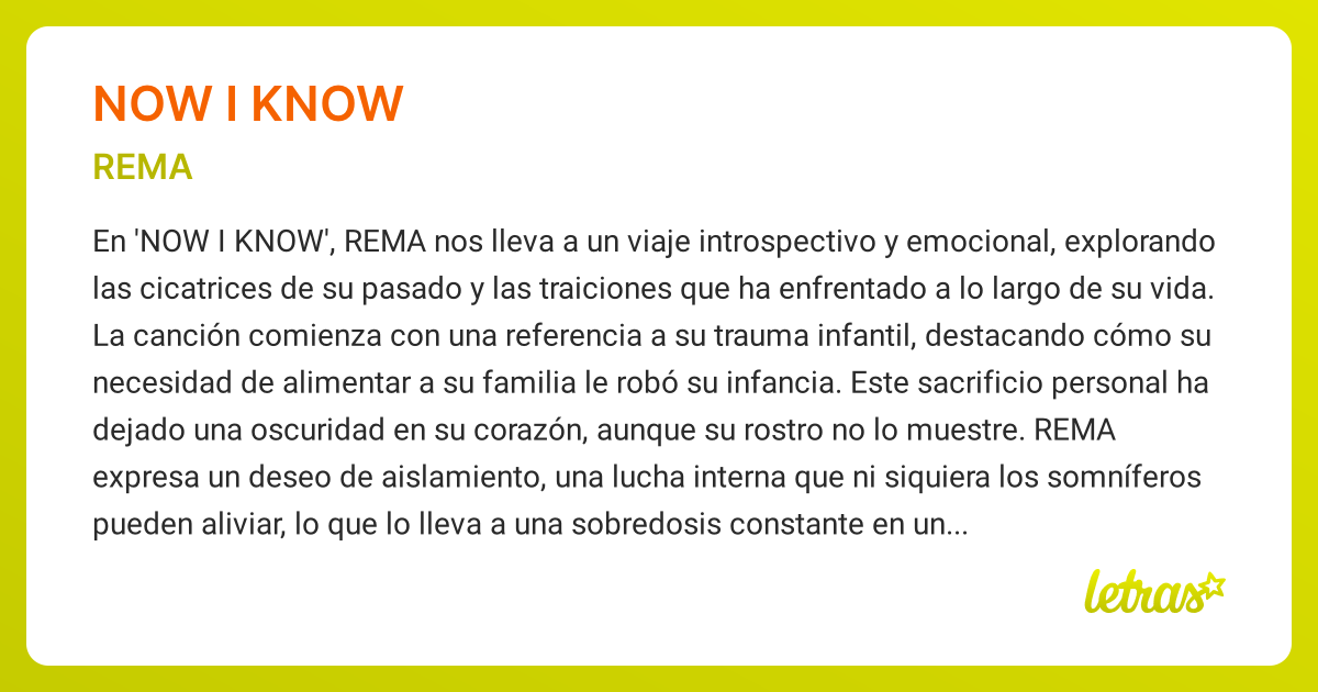 Significado de la canción NOW I KNOW (REMA) - LETRAS.COM