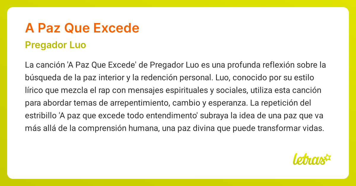 Significado de la canción A PAZ QUE EXCEDE (Pregador Luo) - LETRAS.COM