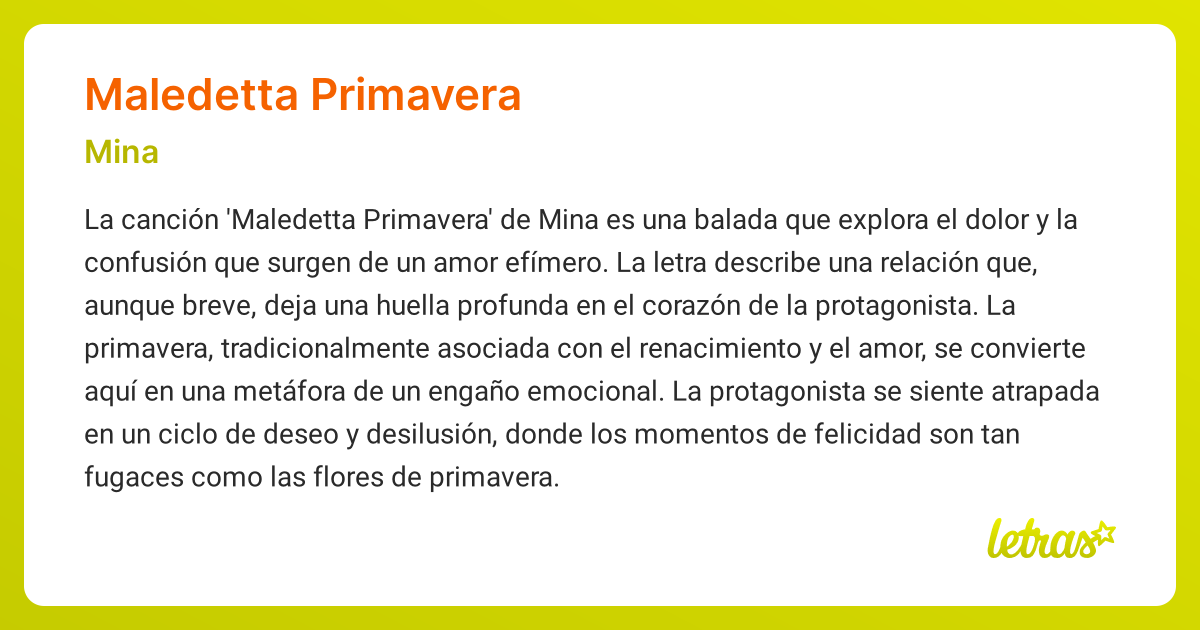 Significado de la canción MALEDETTA PRIMAVERA (Mina) - LETRAS.COM