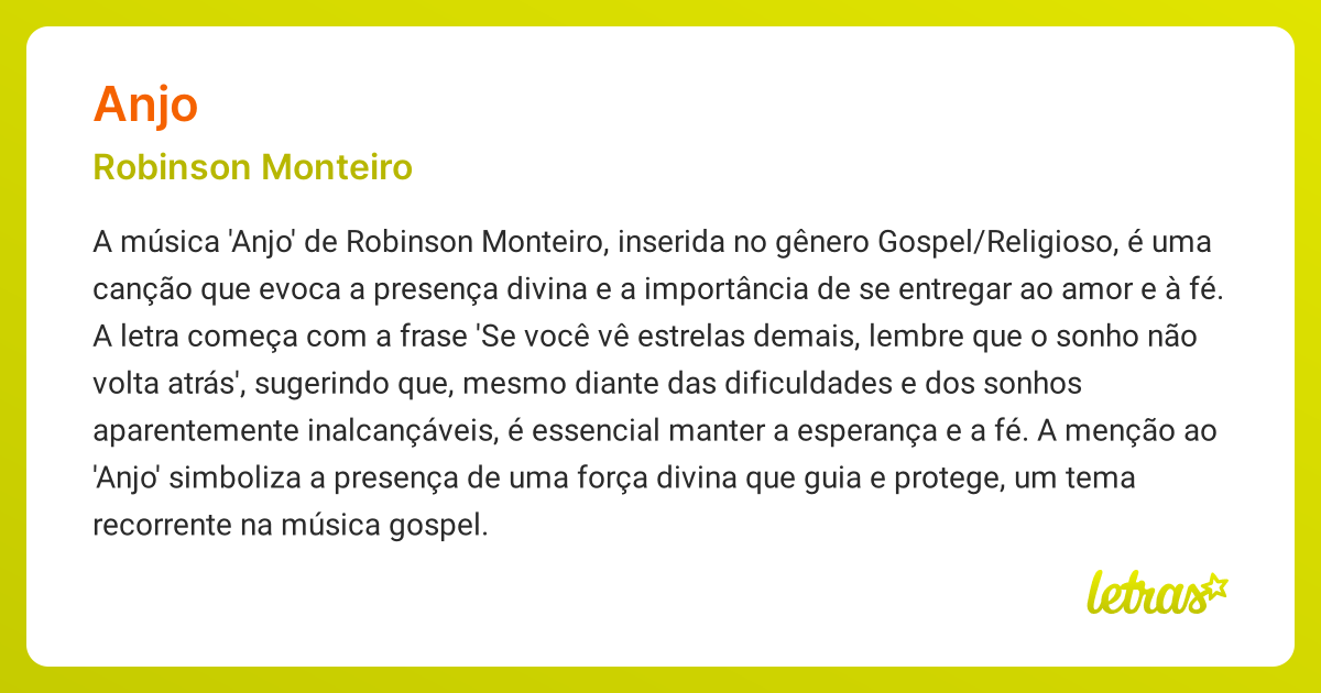 Significado da música ANJO (Robinson Monteiro) - LETRAS.MUS.BR
