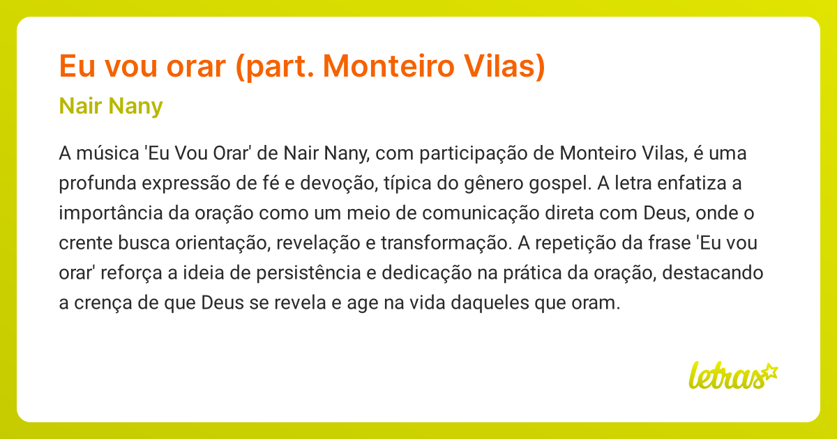 Significado da música Eu vou orar (part. Monteiro Vilas) (Nair Nany ...