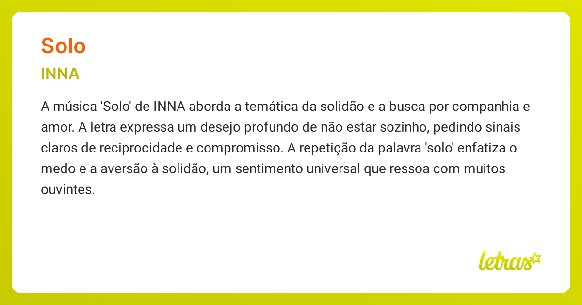 Significado da música SOLO (INNA) - LETRAS.MUS.BR