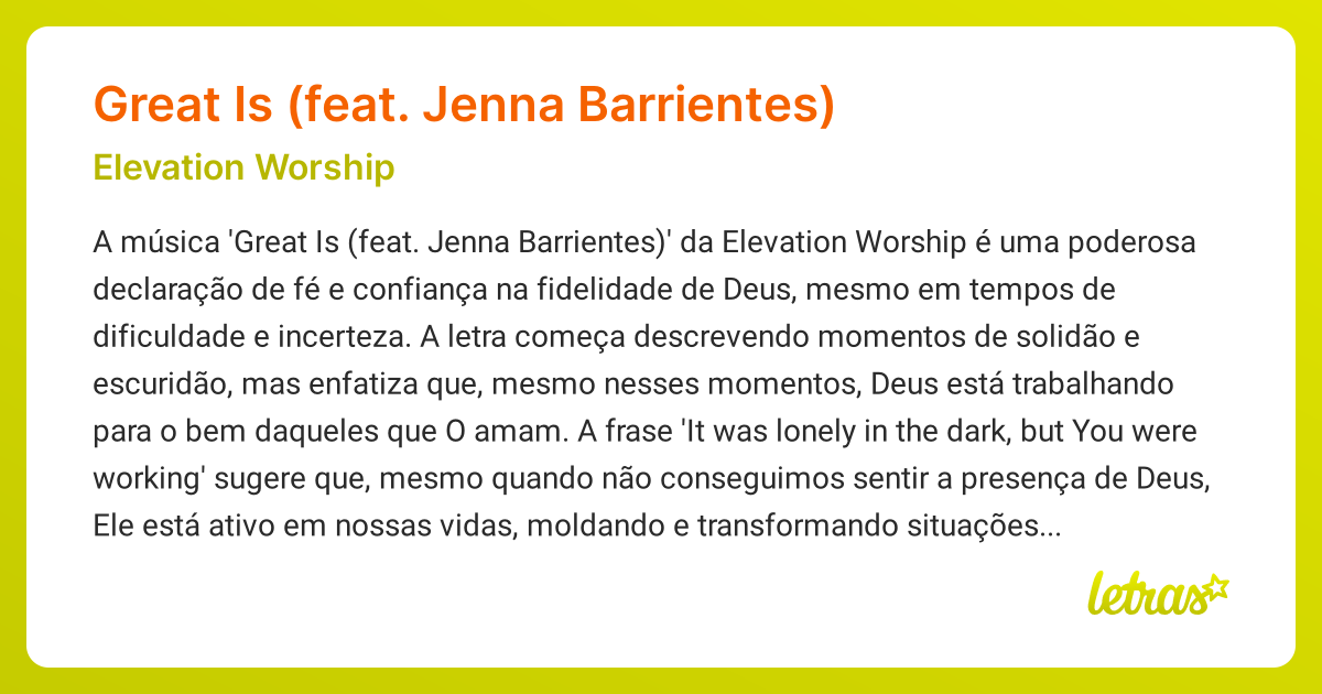 Significado da música Great Is (feat. Jenna Barrientes) (Elevation ...