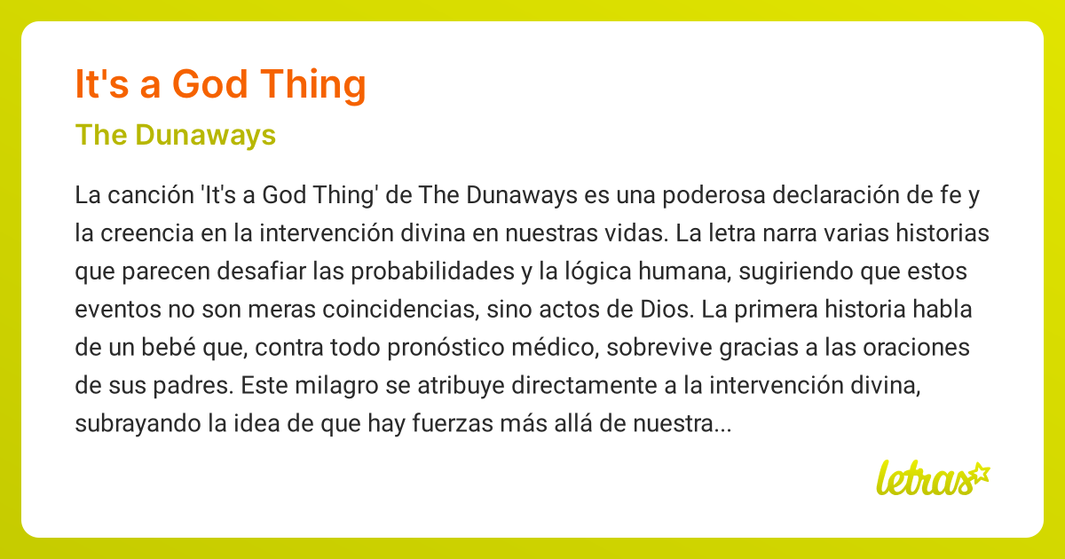 Significado de la canción IT'S A GOD THING (The Dunaways) - LETRAS.COM