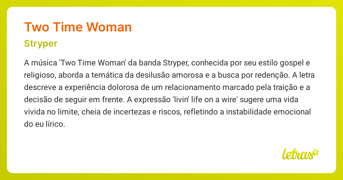 Significado da música TWO TIME WOMAN (Stryper) - LETRAS.MUS.BR