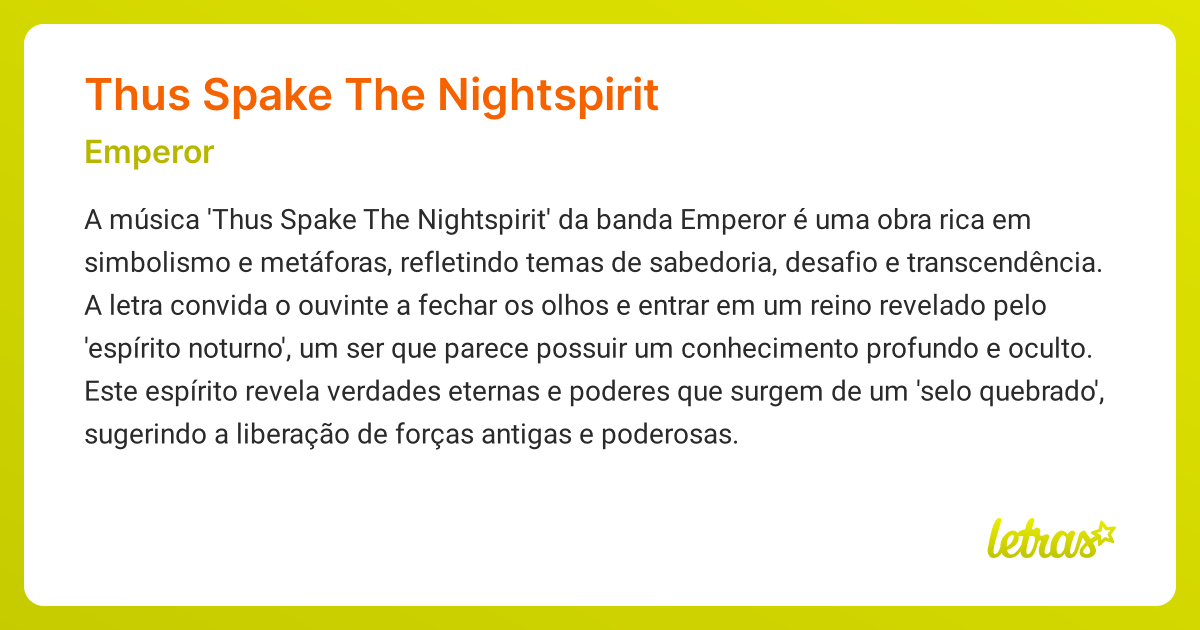 Significado da música THUS SPAKE THE NIGHTSPIRIT (Emperor) - LETRAS.MUS.BR