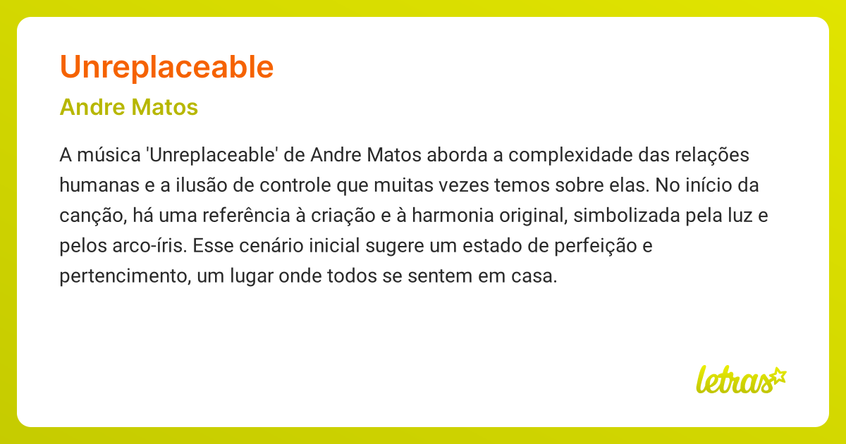Significado da música UNREPLACEABLE (Andre Matos) - LETRAS.MUS.BR