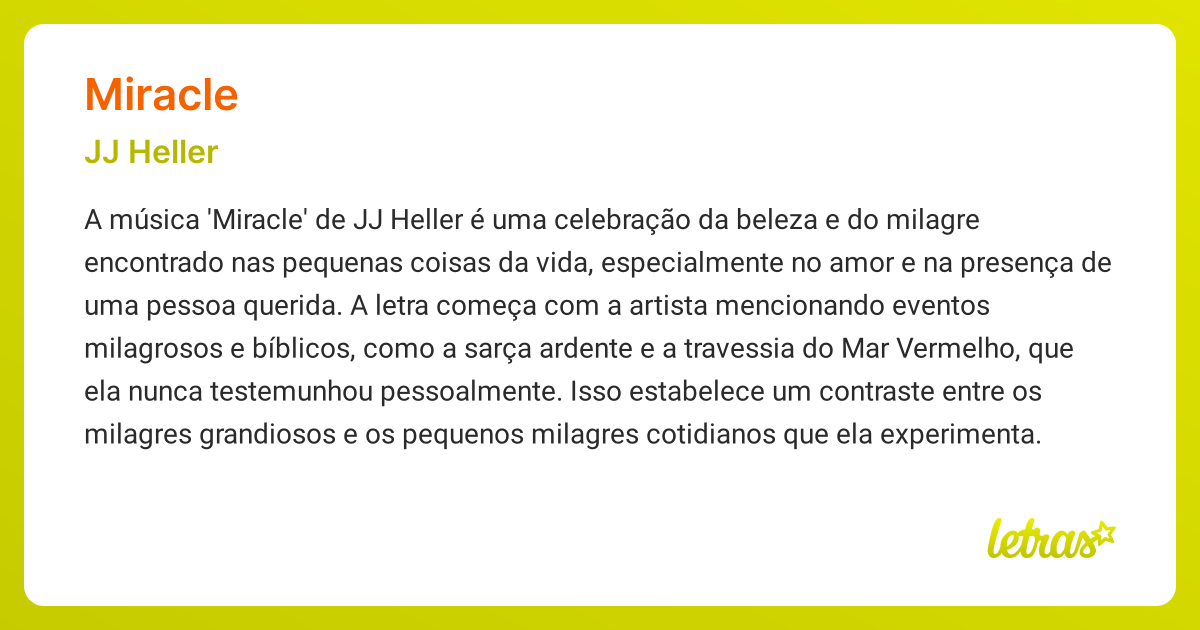 Significado da música MIRACLE (JJ Heller) - LETRAS.MUS.BR