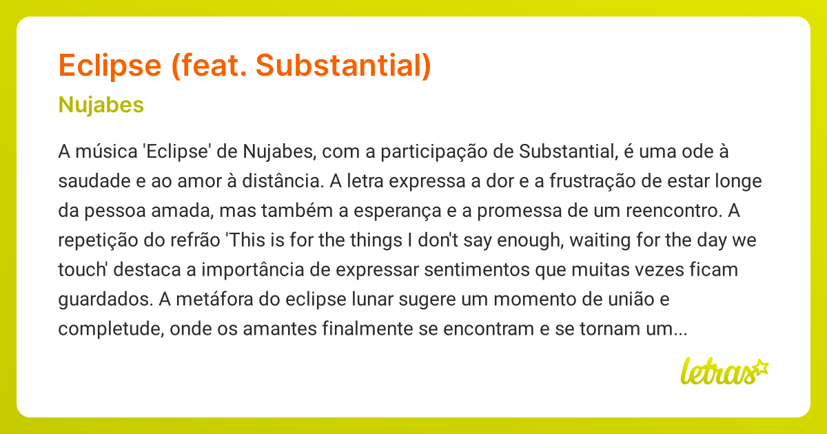 Significado da música ECLIPSE (FEAT. SUBSTANTIAL) (Nujabes) - LETRAS.MUS.BR
