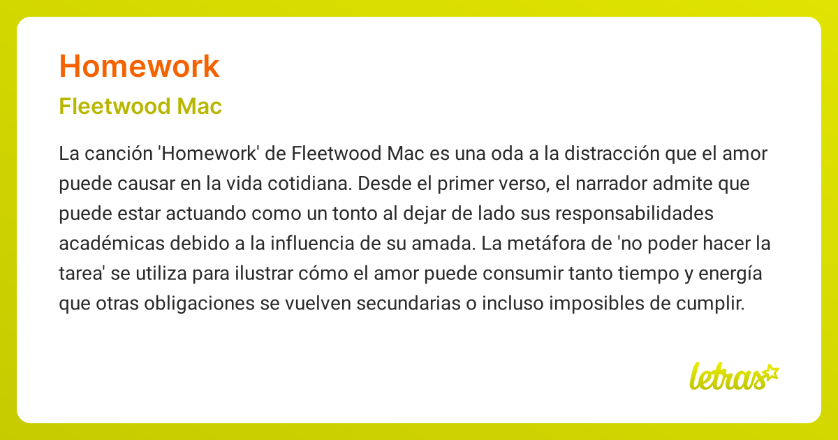 Significado de la canción HOMEWORK (Fleetwood Mac) - LETRAS.COM