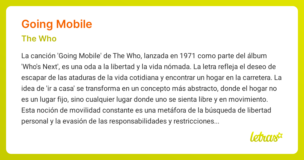 Significado de la canción GOING MOBILE (The Who) - LETRAS.COM