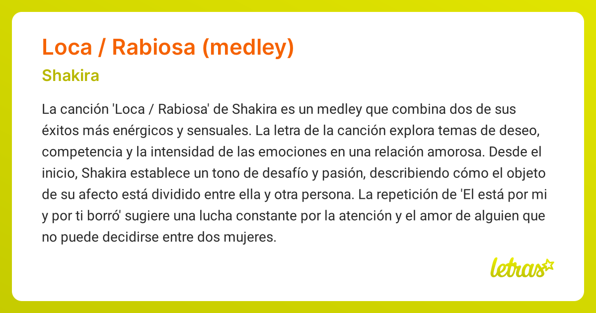 Significado de la canción LOCA / RABIOSA (MEDLEY) (Shakira) - LETRAS.COM