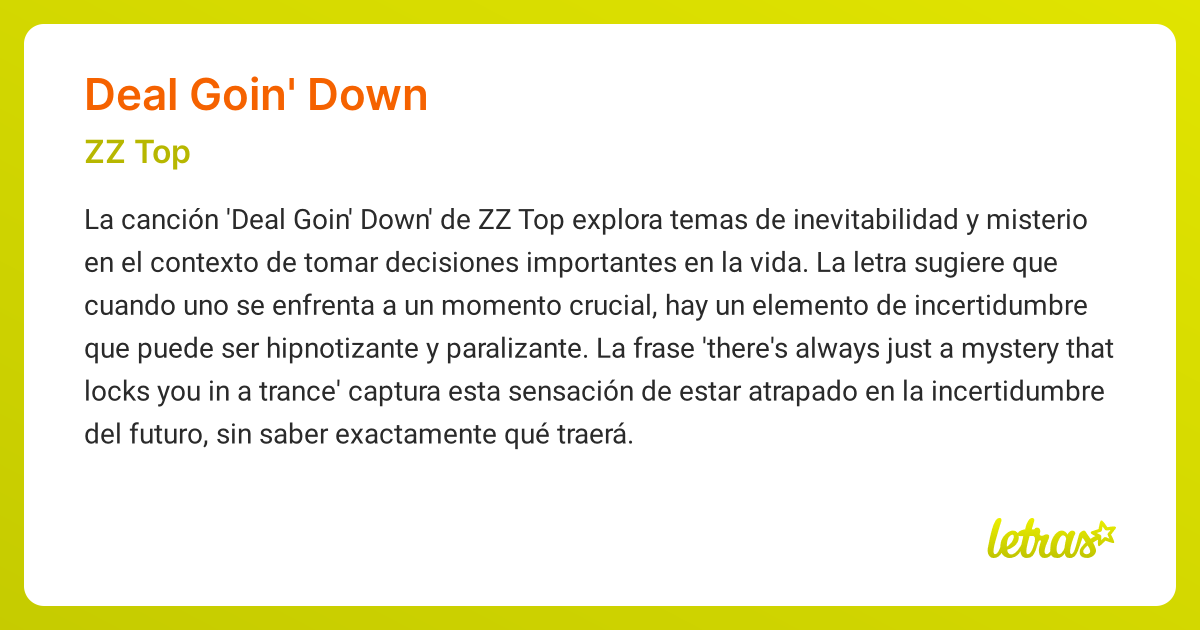Significado de la canción DEAL GOIN' DOWN (ZZ Top) - LETRAS.COM