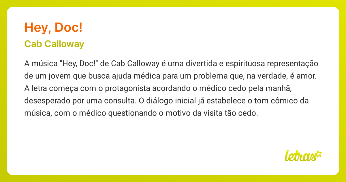 Significado da música HEY, DOC! (Cab Calloway) - LETRAS.MUS.BR