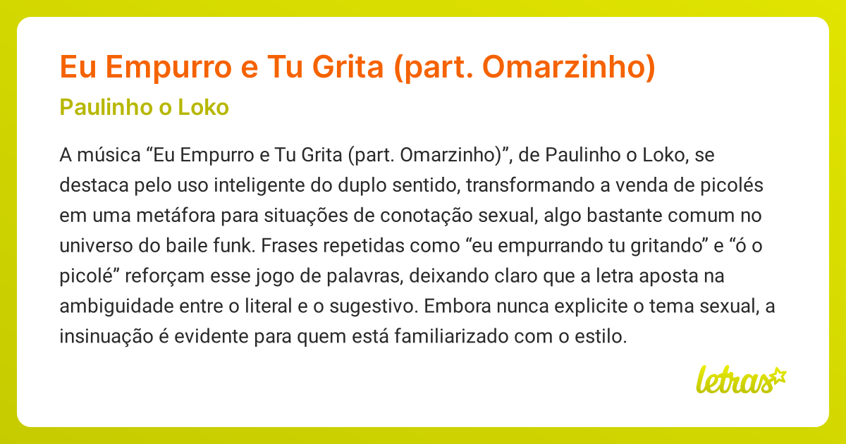 Significado da música Eu Empurro e Tu Grita (part. Omarzinho) (Paulinho ...