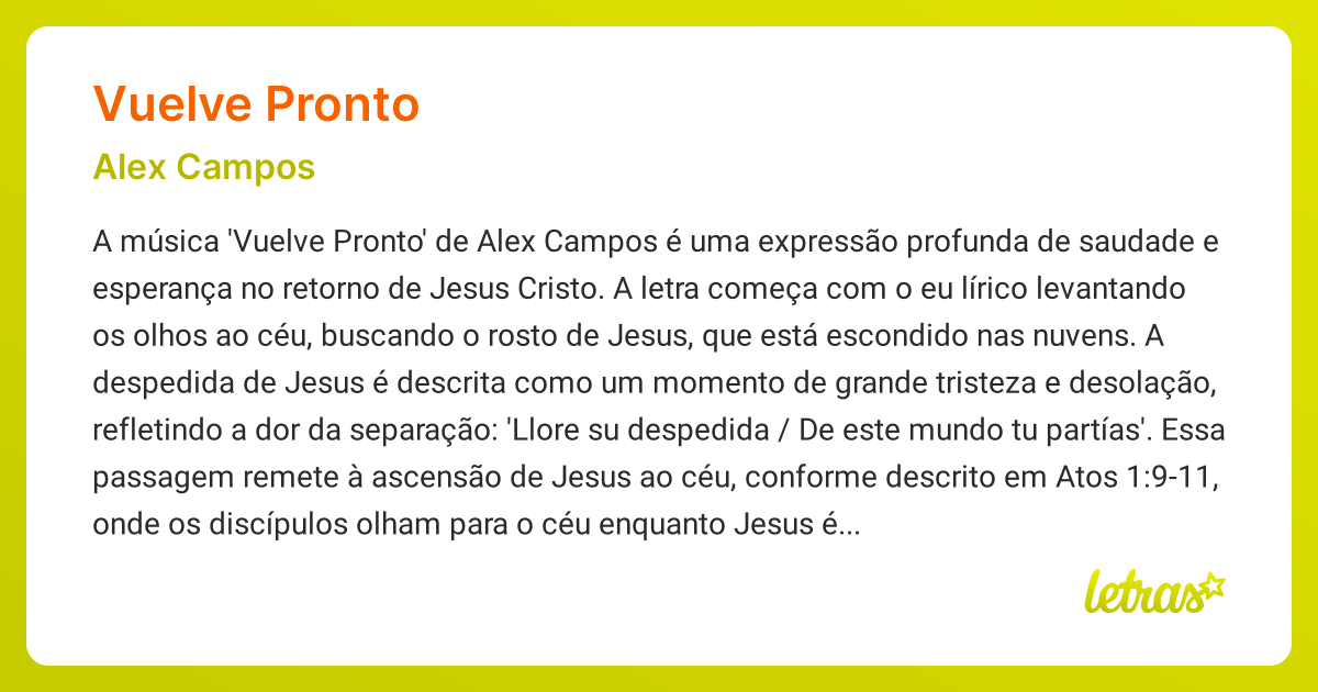 Significado da música VUELVE PRONTO (Alex Campos) - LETRAS.MUS.BR