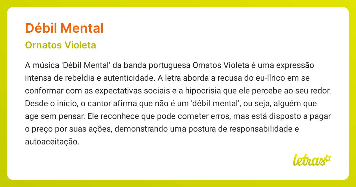 Significado da música DÉBIL MENTAL (Ornatos Violeta) - LETRAS.MUS.BR