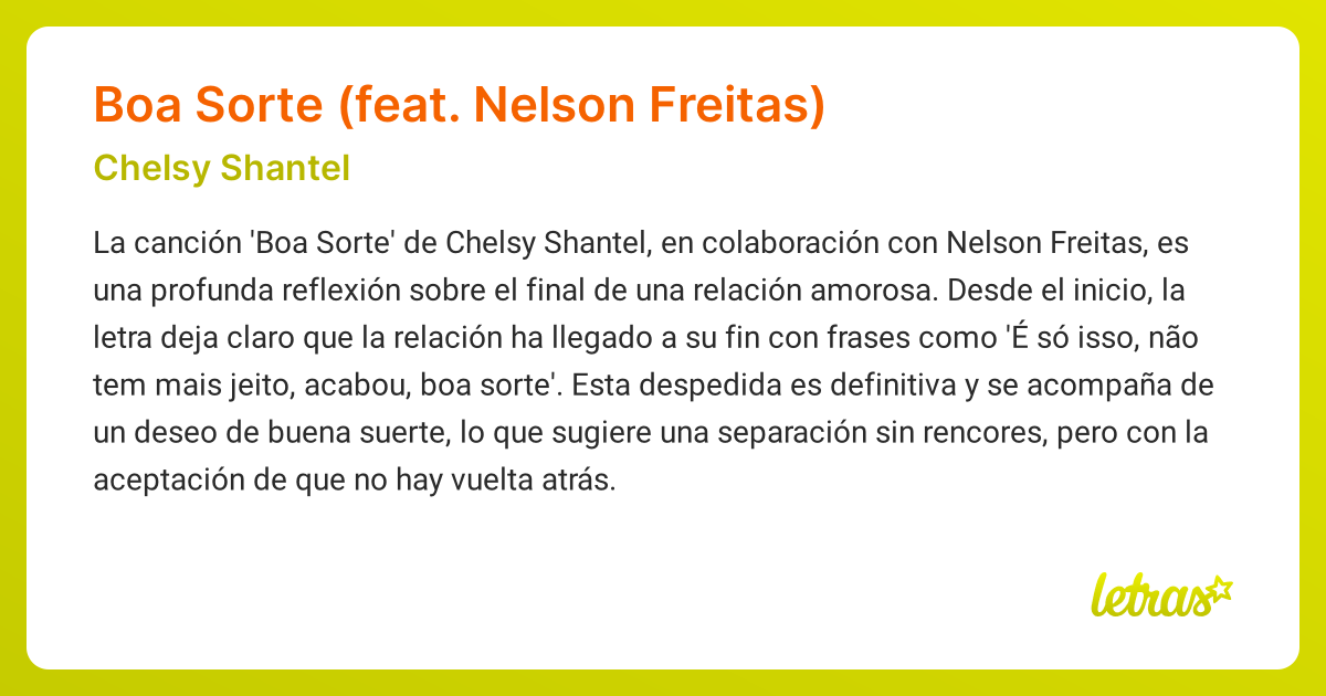 Significado de la canción Boa Sorte (feat. Nelson Freitas) (Chelsy ...