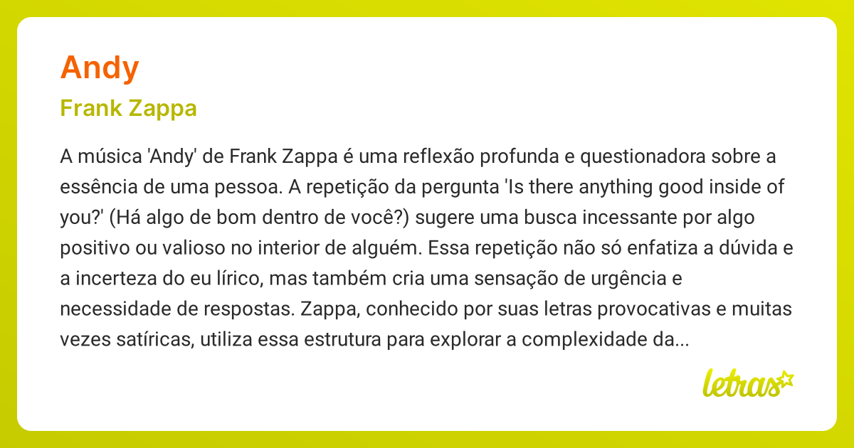 Significado da música ANDY (Frank Zappa) - LETRAS.MUS.BR