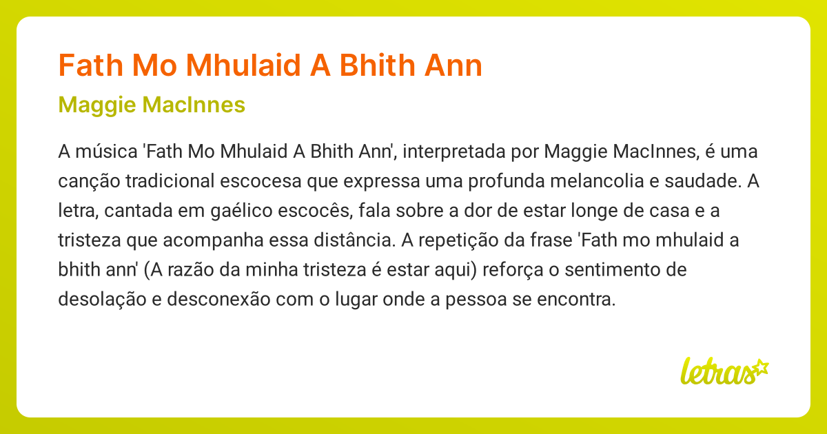 Significado da música FATH MO MHULAID A BHITH ANN (Maggie MacInnes ...