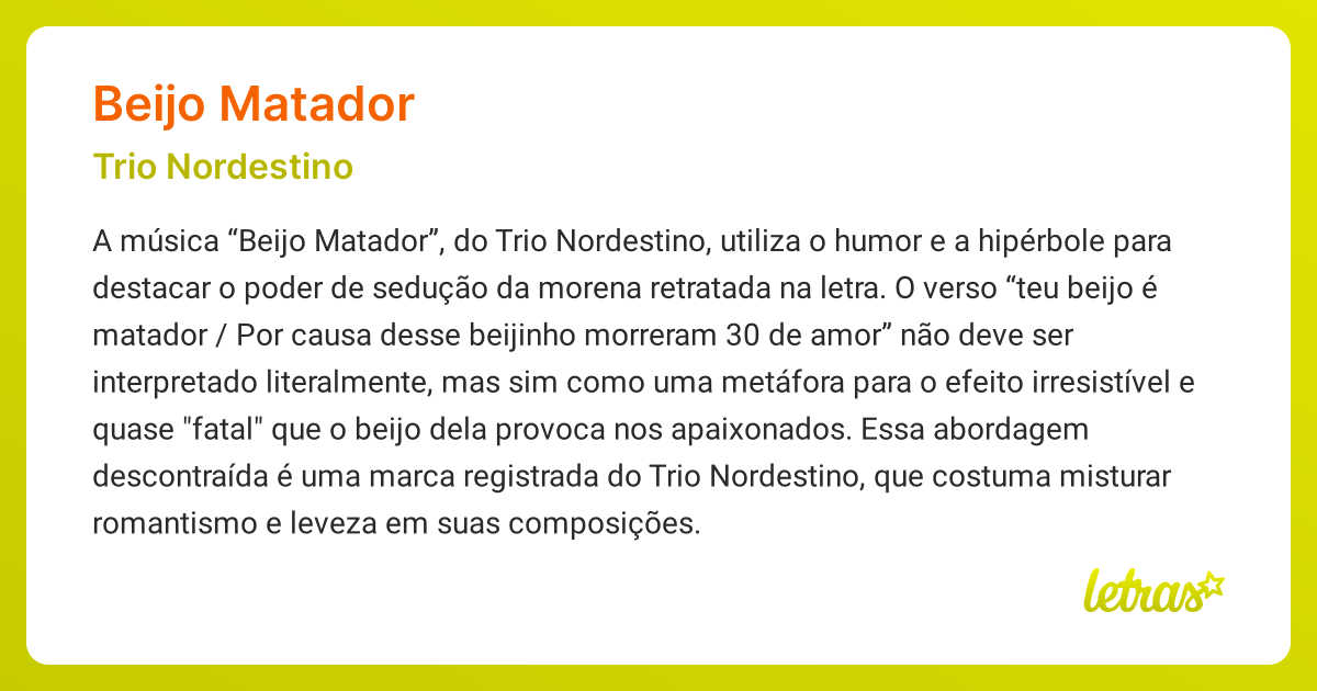 Significado da música BEIJO MATADOR (Trio Nordestino) - LETRAS.MUS.BR