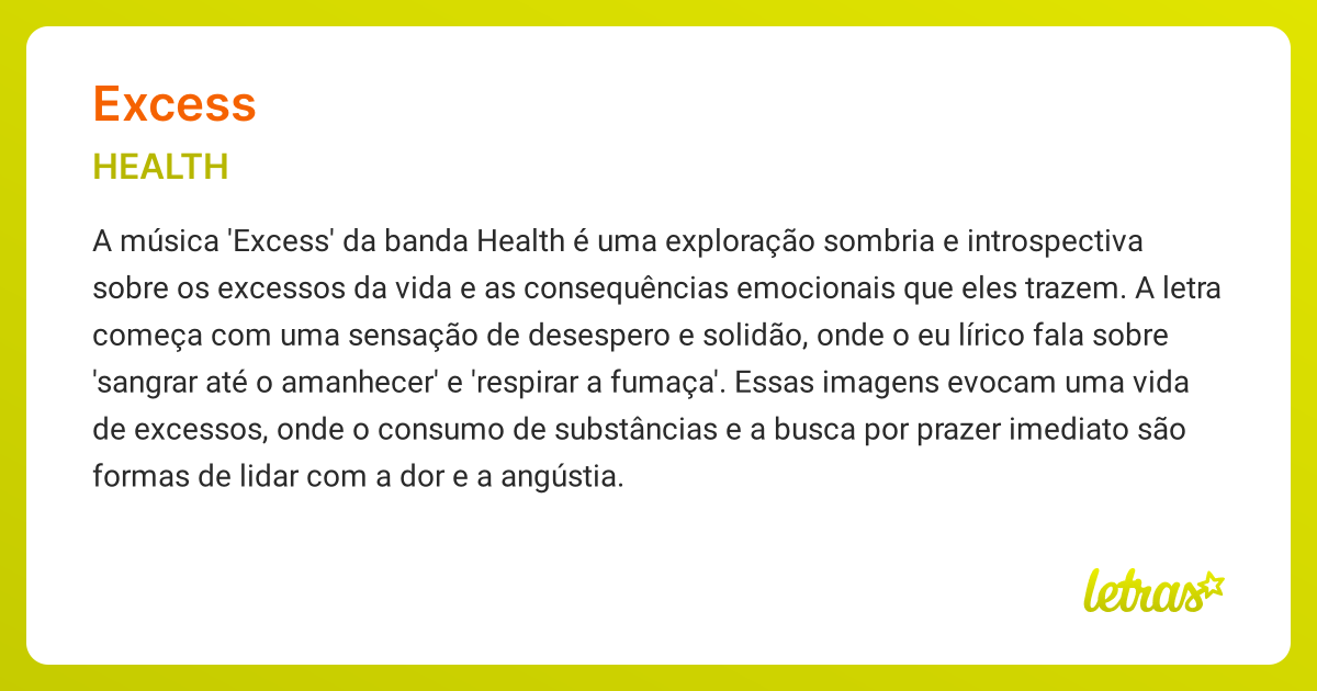Significado da música EXCESS (HEALTH) - LETRAS.MUS.BR