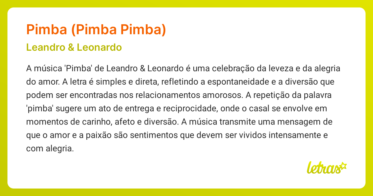 Significado da música PIMBA (PIMBA PIMBA) (Leandro & Leonardo) - LETRAS ...