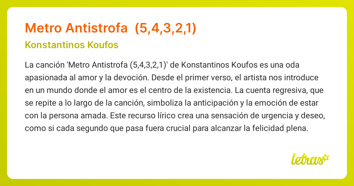 Significado de la canción METRO ANTISTROFA (5,4,3,2,1) (Konstantinos Koufos) - LETRAS.COM