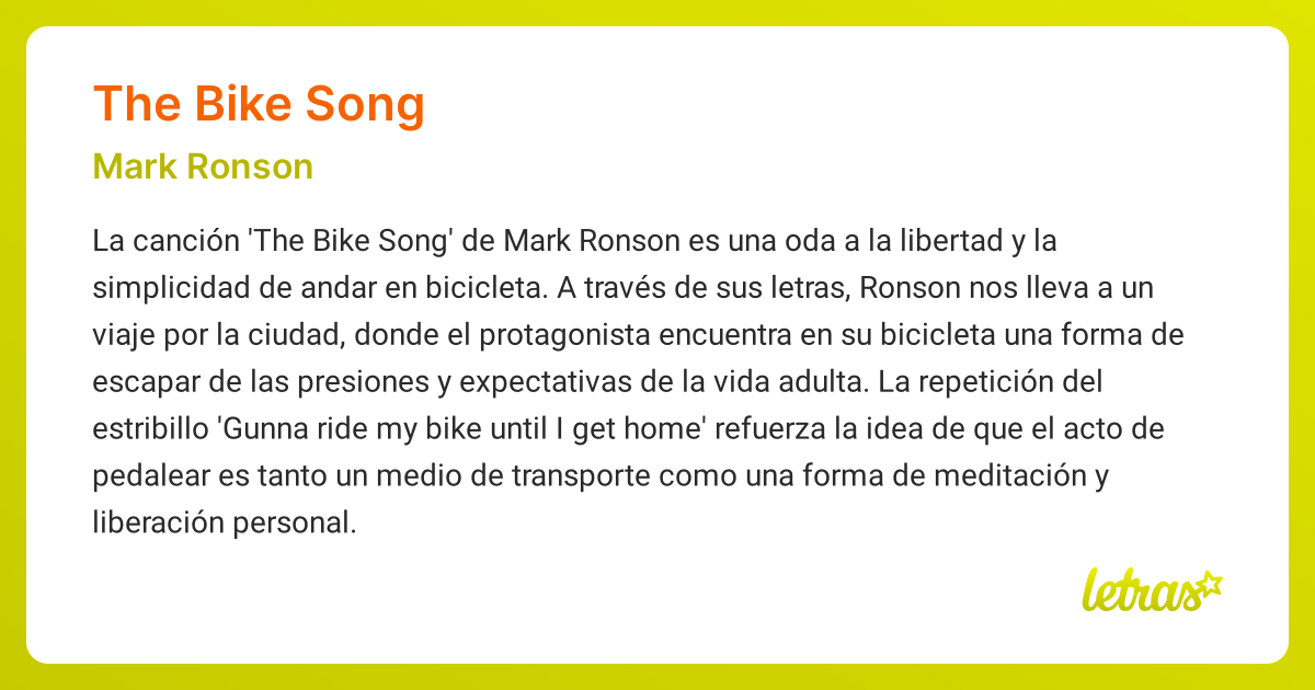 Significado de la canción THE BIKE SONG (Mark Ronson) - LETRAS.COM