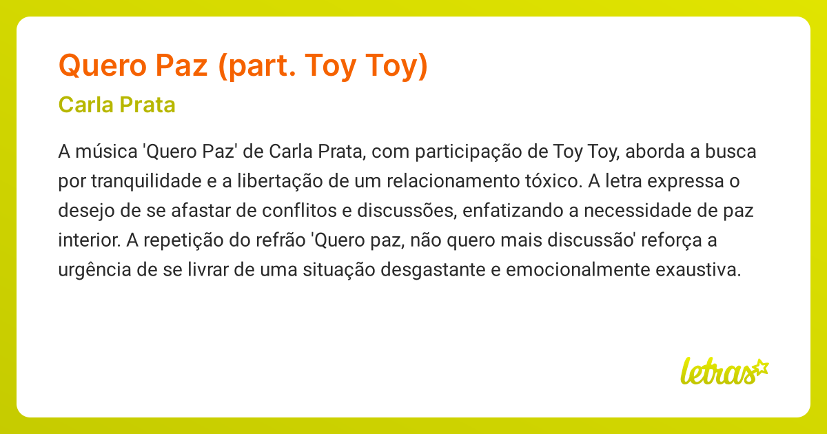 Significado da música QUERO PAZ (PART. TOY TOY) (Carla Prata) - LETRAS ...